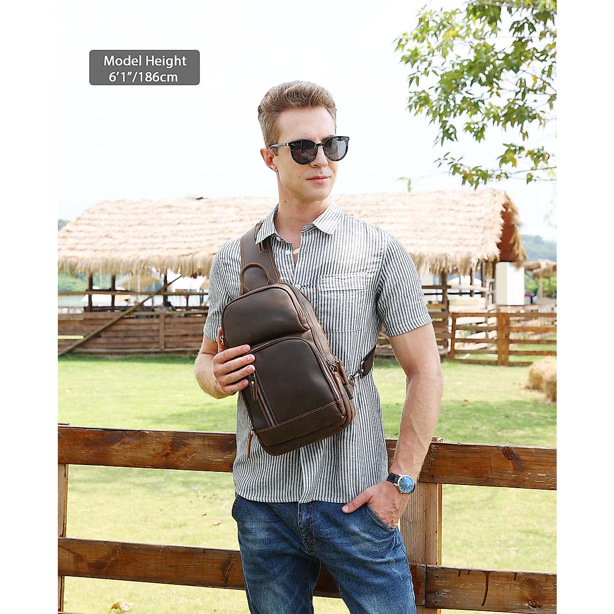 Lannsyne Small Vintage Leather Sling Bag For Men Crossbody Chest Daypack fits 10.5" iPad