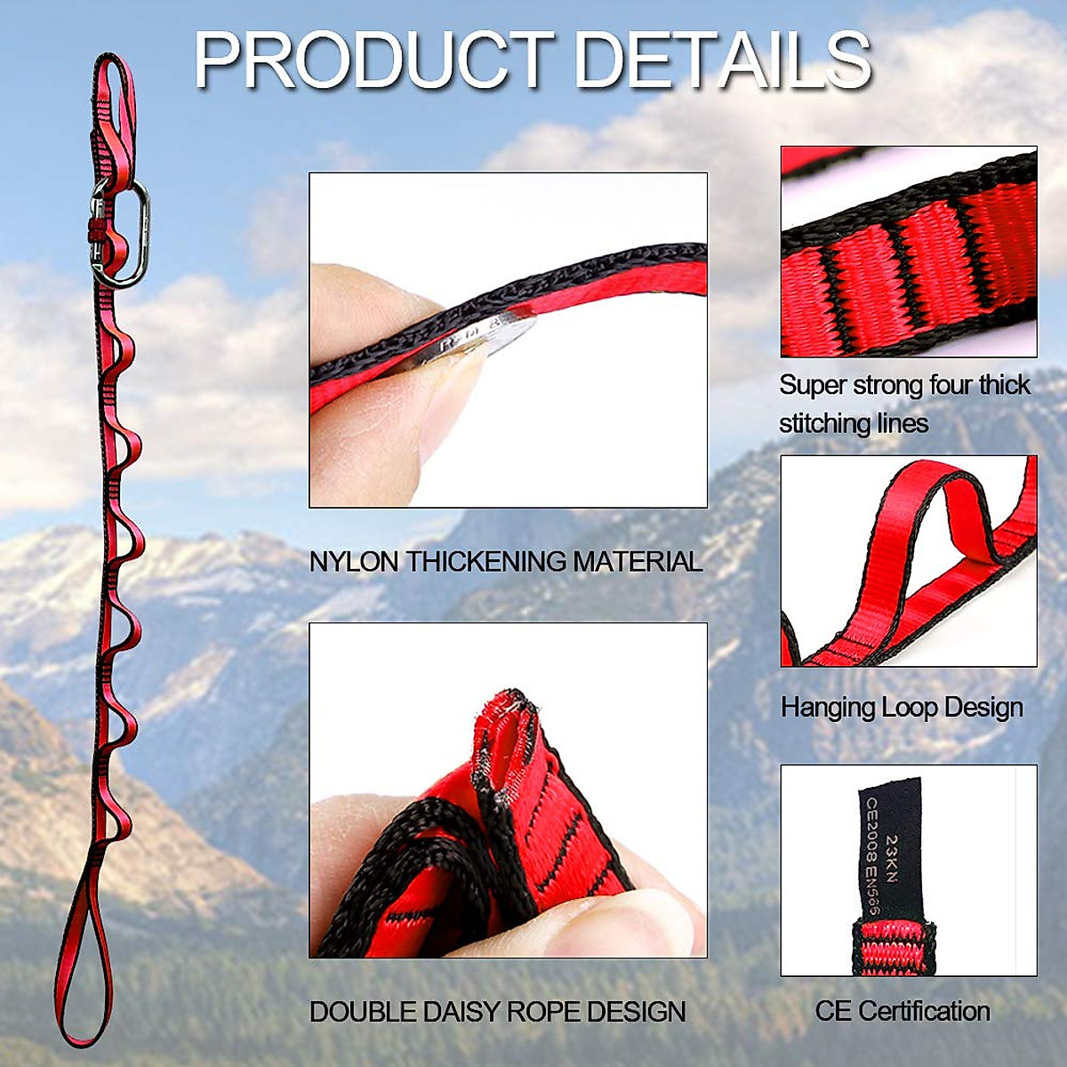 Dasking 2pcs Strong Climbing Strap Adjustable Strap Rope Strong Daisy Chain Nylon Daisy Chain Yoga Straps (Red)