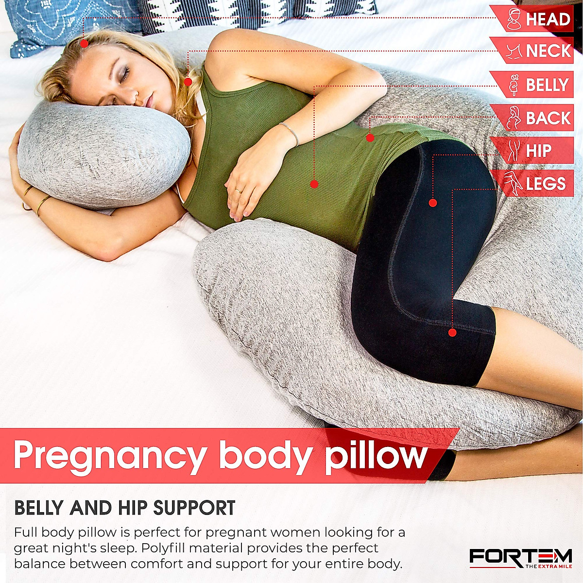FORTEM Pregnancy Pillow for Maternity, C Shaped Full Body Pillow w/ Knee & Neck Support, Washable Cover