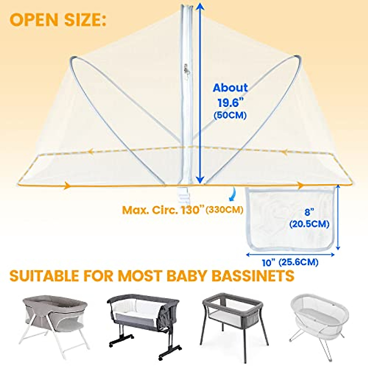 Orzbow Mosquito Net for Baby Bassinet to Keep Cats Out, Toddler Bassinet Bedside Sleeper Tent Safety Net with Two-Way Zippers & Storage Bag - Infant from Mosquito Bites and Falling Protection (White)
