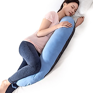 BYRIVER 43" Long C Shaped Body Pillow for Adults Men Women, Side Sleeper Pillow for Neck Shoulder Back Pain Relief, Cooling Post Sugery Pillow Pregnancy Pillow, Blue Black Washable Pillowcase (XL)