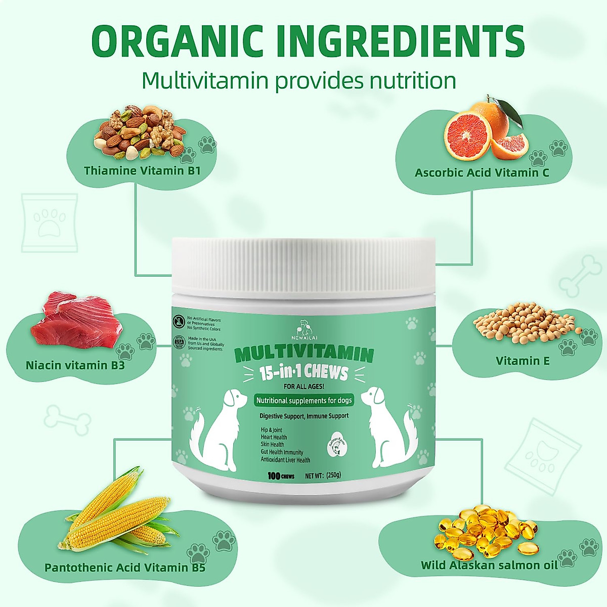 Multivitamin Chews for Dog Supplement-Dog Multivitamin Treats with Glucosamine chondroitin Probiotics Omega Fish Oil Improved Digestion Antioxidants Support Skin Hip Joint with Healthy Immune System