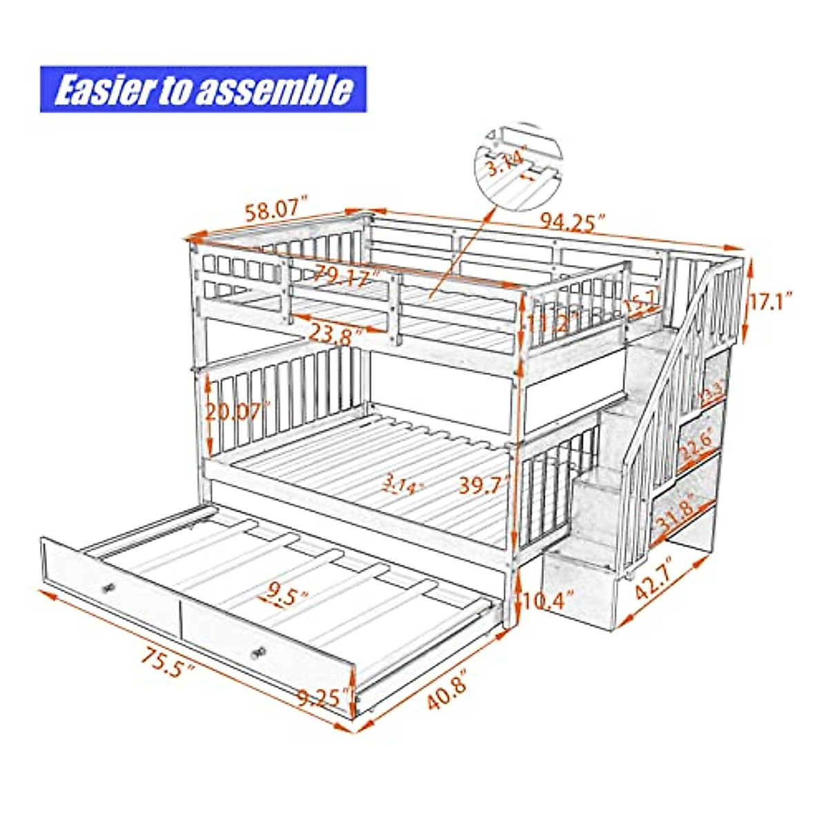 SNIFIT Upgraded Version & Stronger Solid Wood Convertible Bunk Bed Full Over Full with Trundle & Storage Shelves & Stairs, Thickened Reinforced Full Over Full Size Bunkbed (Easier Assembly) (White)