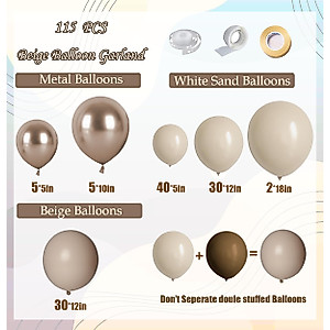 Boho Balloon Garland, 115PCS Beige Balloons Neutral Balloon Arch Kit with Champagne Balloon White Sand Double Stuffed Balloons for Birthday Party Wedding Bridal Shower Decorations (Beige)