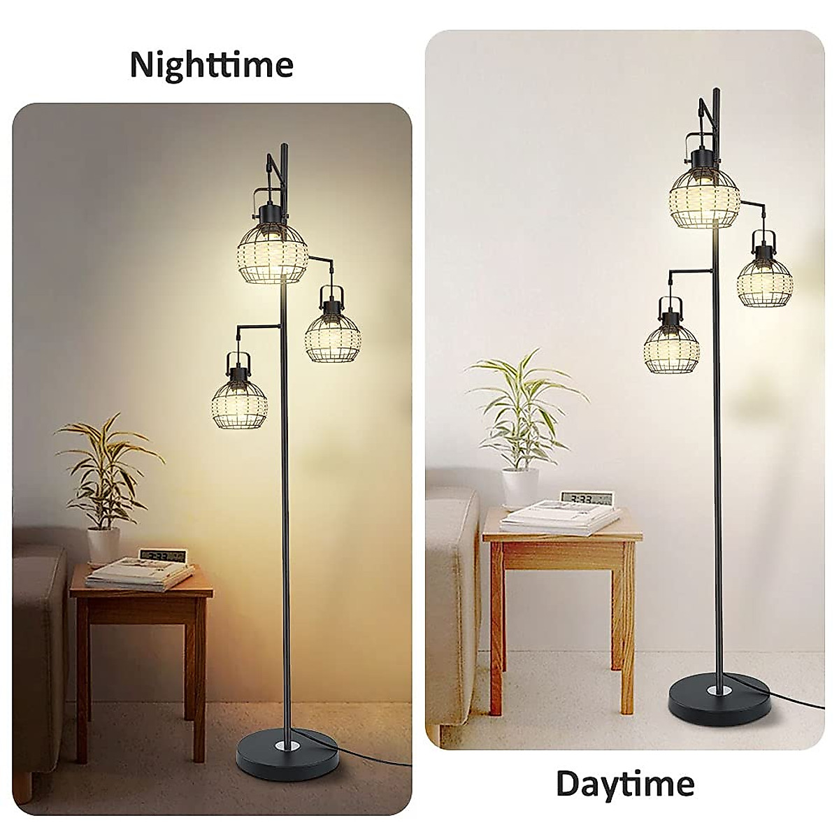 DLLT Industrial Floor Lamp, 3-Light Farmhouse Tree Standing Lamps with Metal Rattan Cage Shape, Tall Pole Reading Lighting for Corner Living Room Bedroom Office, 3000K 8W E26 Bulbs Included, UL Listed