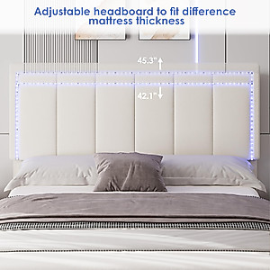 King Size Bed Frame, Upholstered LED Bed Frame with 4 Storage Drawers, Platform Bed with Adjustable Headboard, Solid Wooden Slats Support, No Box Spring Needed, Off White