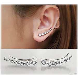 7 Crystals Ear Cuffs Hoop Climber S925 Sterling Silver Earrings Hypoallergenic Earring