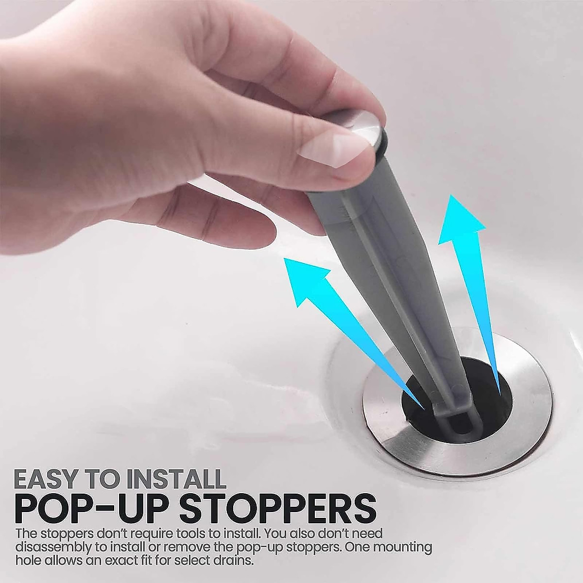 (2-Pack) Bathroom Sink Pop-Up Stoppers - Plastic Pop-Up Stoppers with Chrome Finish - Standard Design 1-1/4” Cap Outer Diameter, 4-7/8 Overall Height - with 1 Mounting Hole and Gasket Seal