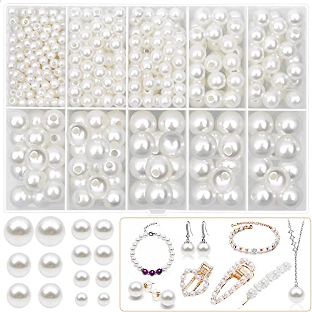 Pearl Beads for Crafts, Cludoo 4mm 6mm 8mm 10mm 12mm Round Pearl Beads Loose Bracelet Pearls White Pearl Beads with Hole for DIY Craft Necklaces Choker Jewelry Repairing Making