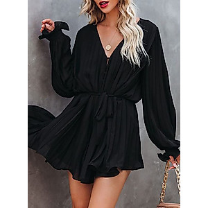 Dokotoo Womens Summer Spring Romper Ladies Elegant Plain Sexy V Neck Flared Long Sleeve Waist Tiet Pleated Drape Rompers and Jumpsuits for Women Dressy Black X-Large