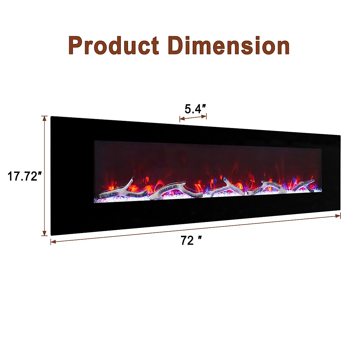 72in Electric Fireplace with Bluetooth Speakers Wall Mounted Linear Fireplace Heater Low Noise Adjustable 8 Flame Colors,8h Timer,Remote Control with Log & Crystal Hearth Options (No-Recessed)
