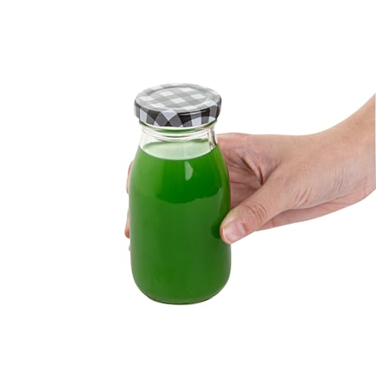 French Countryside 6 Ounce Glass Bottles, 10 Durable Juice Bottles - With Black Plaid Lid, Dishwashable, Clear Glass Countryside Bottles, For Hot And Cold Beverages - Restaurantware