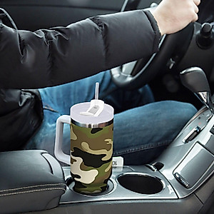 Jihqo Green Camouflage 40 oz Stainless Steel Vacuum Insulated Tumbler with Handle and Straw Lid, Leakproof Water Bottle Double Wall Travel Mug Coffee Cup, Cupholder Friendly