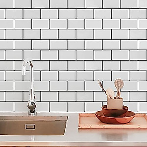 Art3d Backsplash Tile for Kitchen Peel and Stick, 10-Sheet Stick on Subway Tiles for Kitchem, Bathroom Back Splashes, 12"x12", Warm White with Black Grout