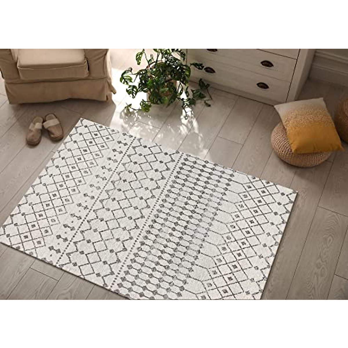 THE BEER VALLEY Area Rug 5x7 Feet Modern Neutral Carpet for Living Room, Bedroom, Kitchen - Moroccan Boho Indoor Non Shedding Area Rugs - Off White/Grey
