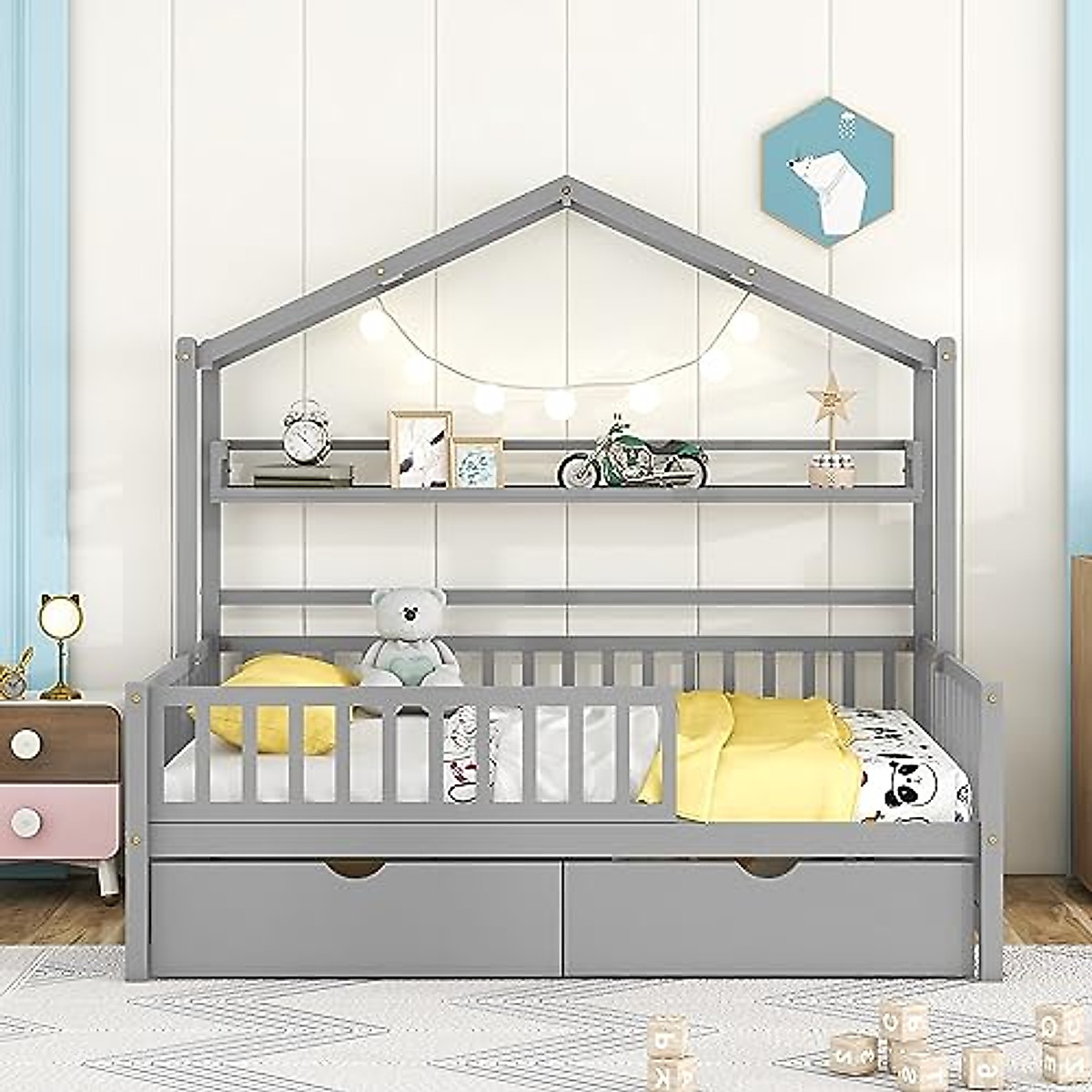 WADRI Full Size House Bed with 2 Drawers and Shelf, Wood House Bed Frame with Roof Design and Safety Guardrail, Montessori Bed for Girls Boys Bedroom, Can be Decorated (Gray + Wood-A32)