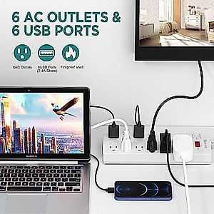 HITRENDS Surge Protector Power Strip 6 Outlets with 6 USB Charging Ports, USB Extension Cord, 1625W/13A Multiplug for Multiple Devices Smartphone Tablet Laptop Computer (6ft, white)