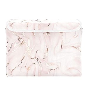 Kigai Storage Basket Rose Gold Abstract Marble Storage Boxes with Lids and Handle, Large Storage Cube Bin Collapsible for Shelves Closet Bedroom Living Room, 16.5x12.6x11.8 In