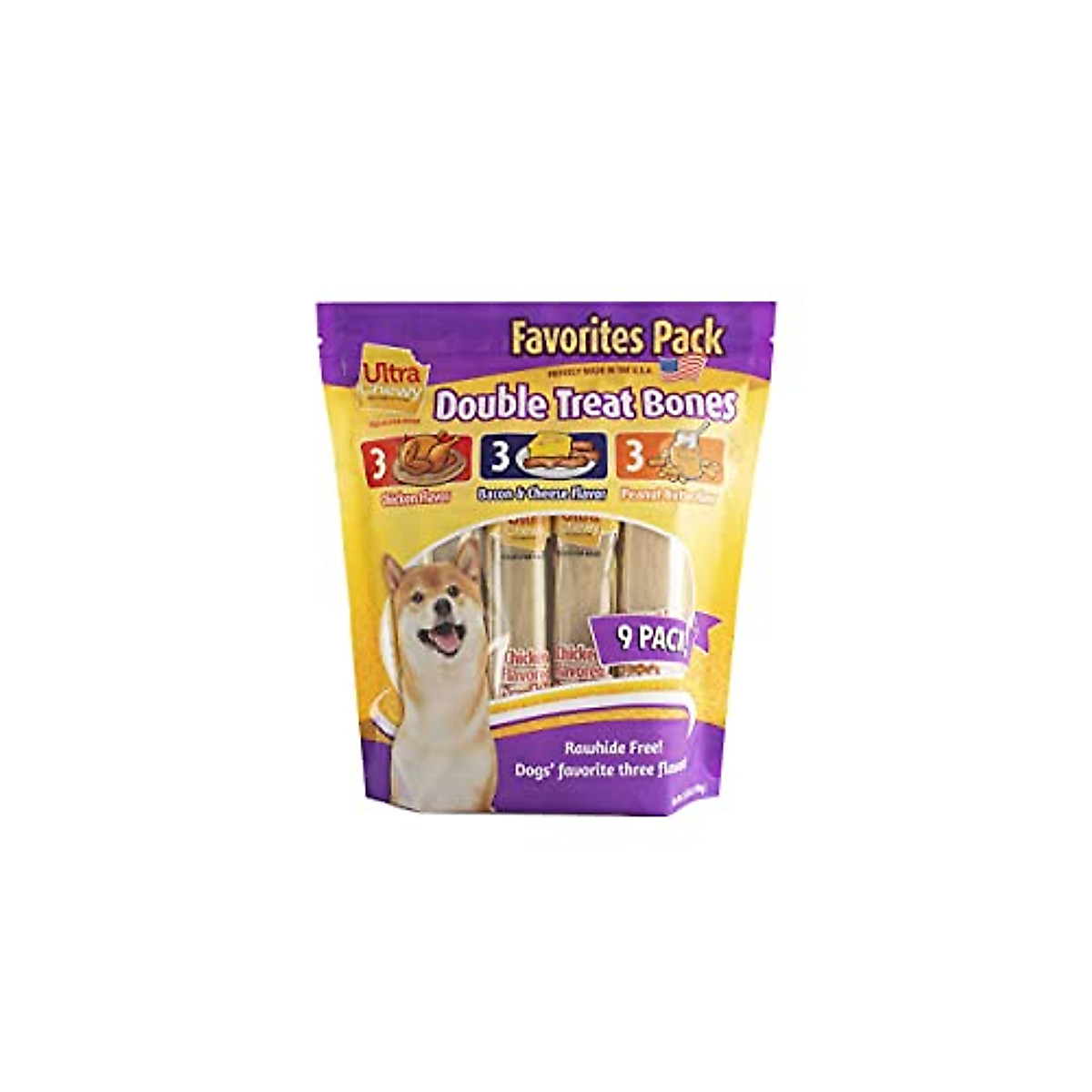Ultra Chewy Double Treat Bones, Dog Treats, Made in The USA, Healthy Treats, Easy to Digest, Promotes Dental Health, Assorted Flavors (1 Pack/9 Bones Per Pack)