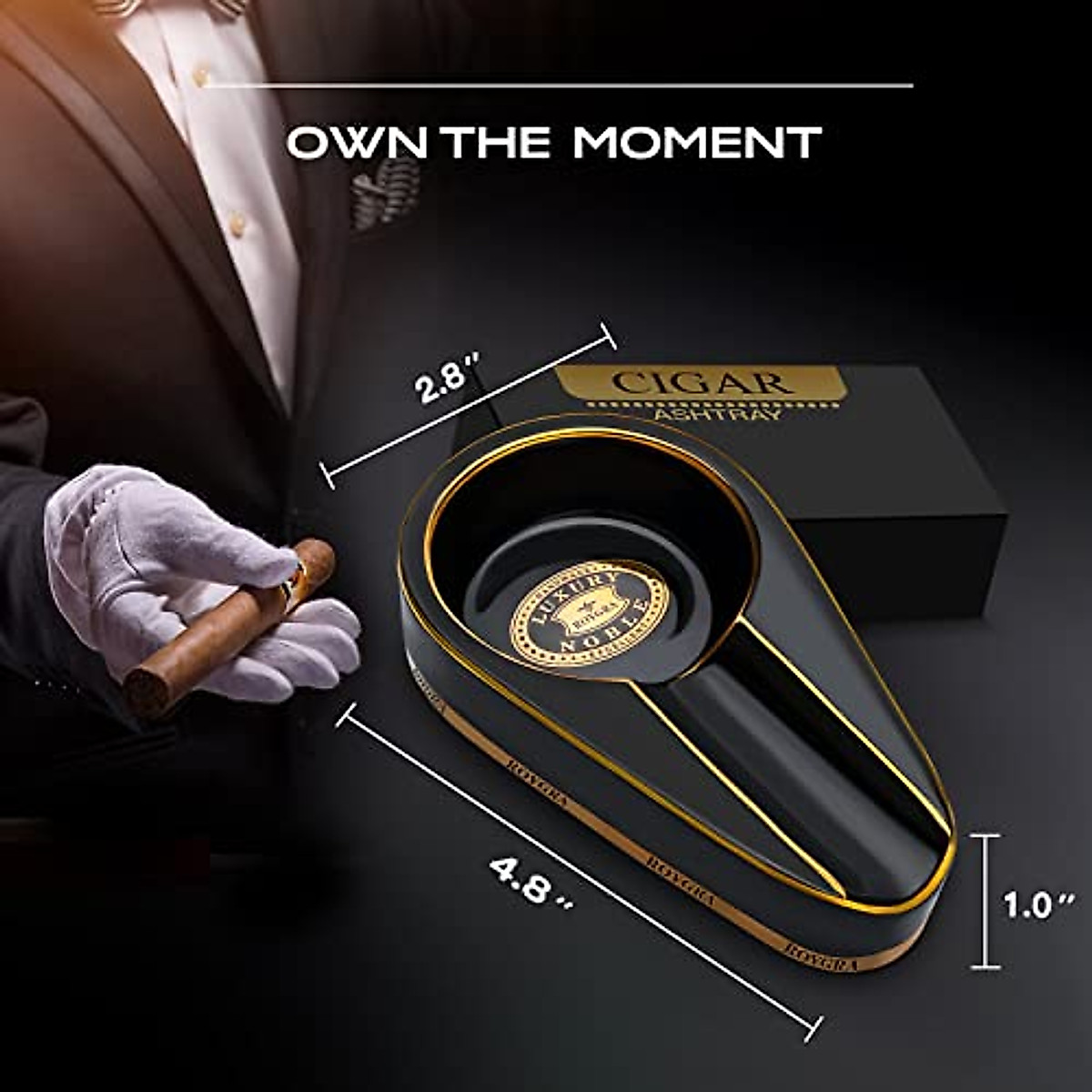 roygra Cigar Ashtray, Handmade Gilt Ceramic Cigar Ashtray, Outdoor Cigar Accessories (Black)