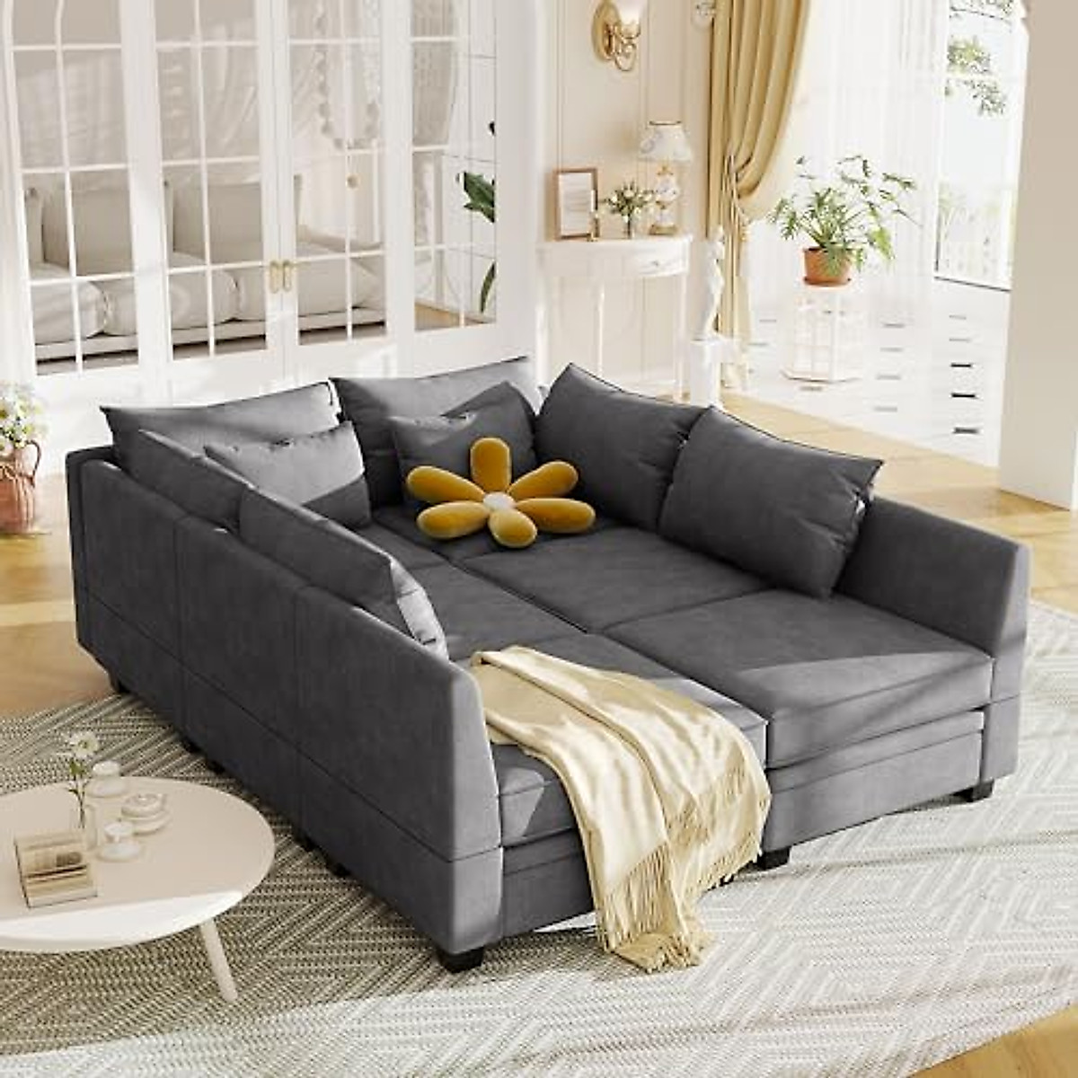 JUSTONE Modular Sectional Sofa with Storage Seat Oversized U Shaped Modular Couch with Reversible Chaise Sectional Sleeper Sofa with Ottoman for Living Room,Dark Gray