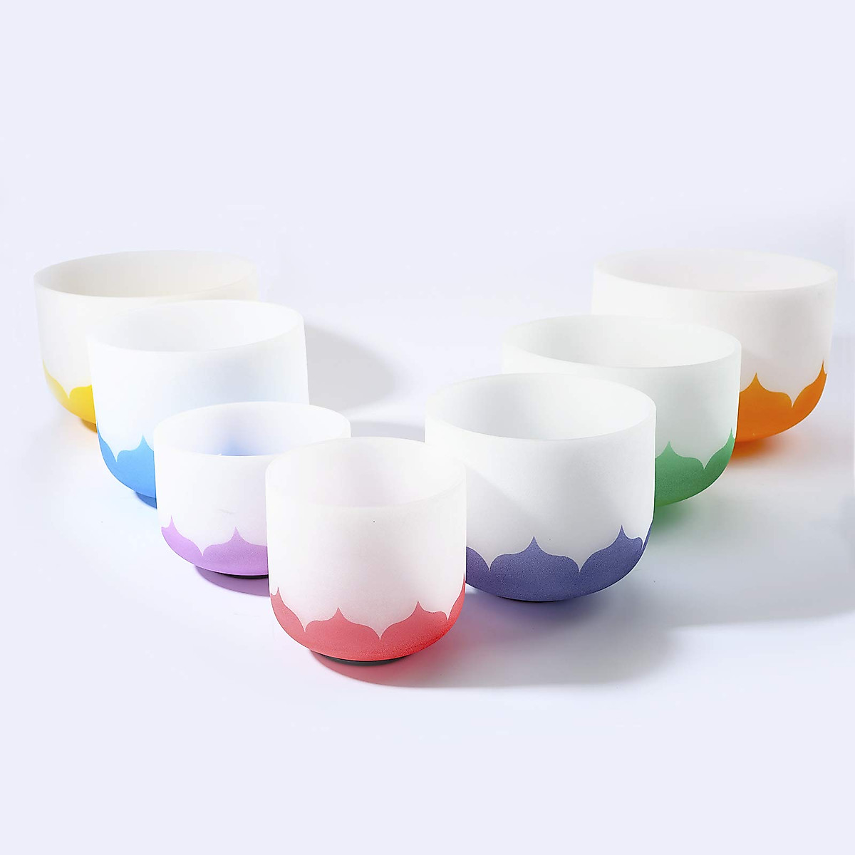 440HZ Set of 7 Lotus Design Frosted Quartz Crystal Singing Bowls 6"-12" with free mallets & O-rings