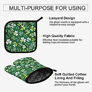Green Shamrock Horseshoe Oven Mitts Pot Holders Set, St Saint Patricks Day Oven Gloves Potholders 2Pcs Microwave Glove Hot Pad for Baking Cooking Grilling BBQ Kitchen Decor Gifts