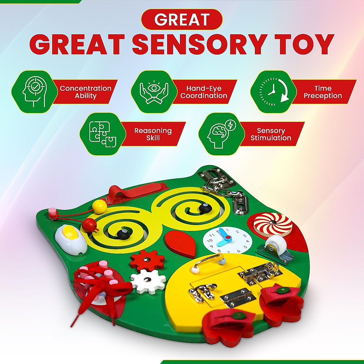 SENSORY4U Owl Sensory Wooden Activity Busy Board - Wood Montessori Experience - Quiet Play Latches Tying Spinning Buttoning