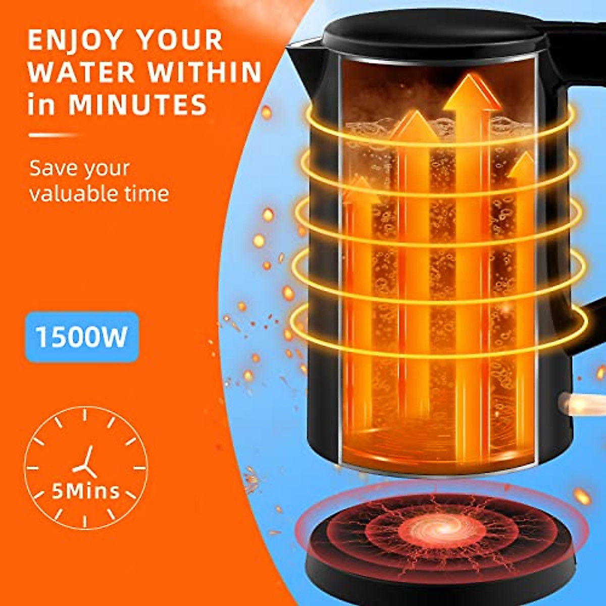 Electric Kettle 1.7L, Aylion 100% Stainless Steel Interior Double Wall Electric Tea Kettle, 1500W Fast Heating, Auto Shut-Off & Boil Dry Protection, BPA Free, LED Indicator, Black