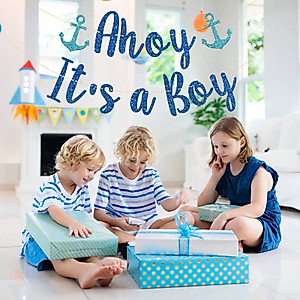 Talorine Ahoy It's a Boy Banner, Sailor Themed Party Decor, Baby Shower Gender Reveal, Nautical Party Decorations (Blue Glitter)