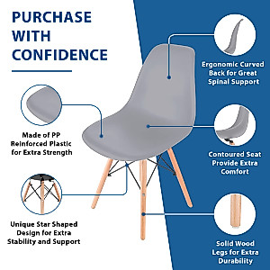 Lifetime Home Mid-Century Modern Dining Chairs Set of 2 - DSW Boho Style Plastic Chair for Living Room Bedroom Office Table Kitchen - Shell Lounge Chair with Wood Legs - Gray