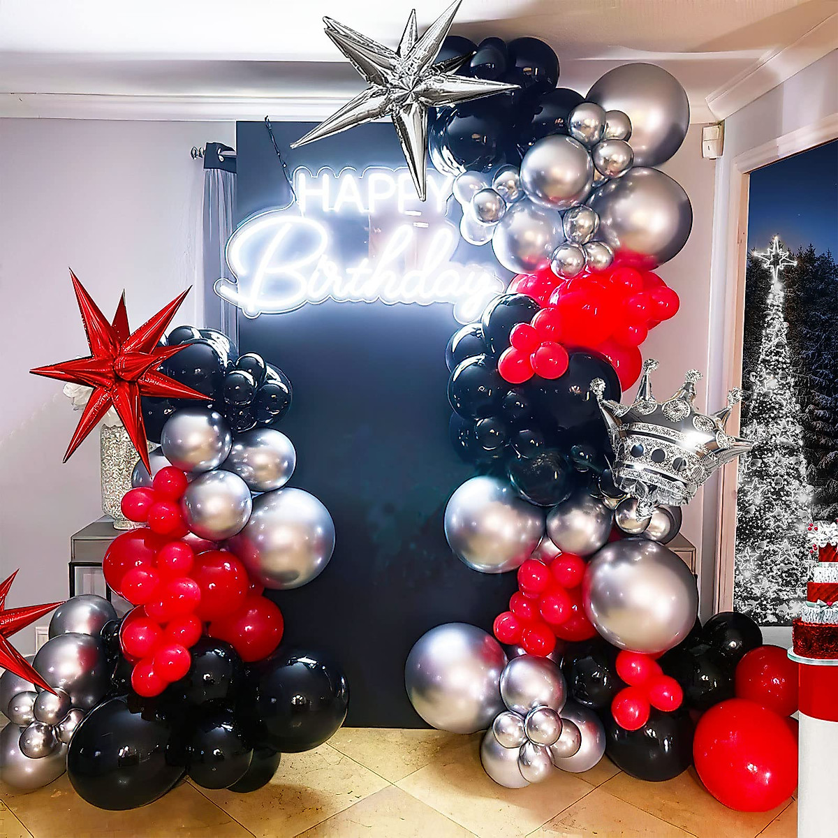 Black and Red Silver Balloon Garland kit 135Pcs Latex Chrome Silver and Crown star balloons for Birthday Party anniversary wedding graduation Christmas happy grad decorations 2025