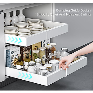 2Pack Expandable Pull Out Cabinet Organizer 21" Deep, Peel And Stick Slide Out Drawers for Kitchen Cabinet, Cabinet Pull Out Shelves, Roll Out Drawers Adjustable Width 12"-20.45" White
