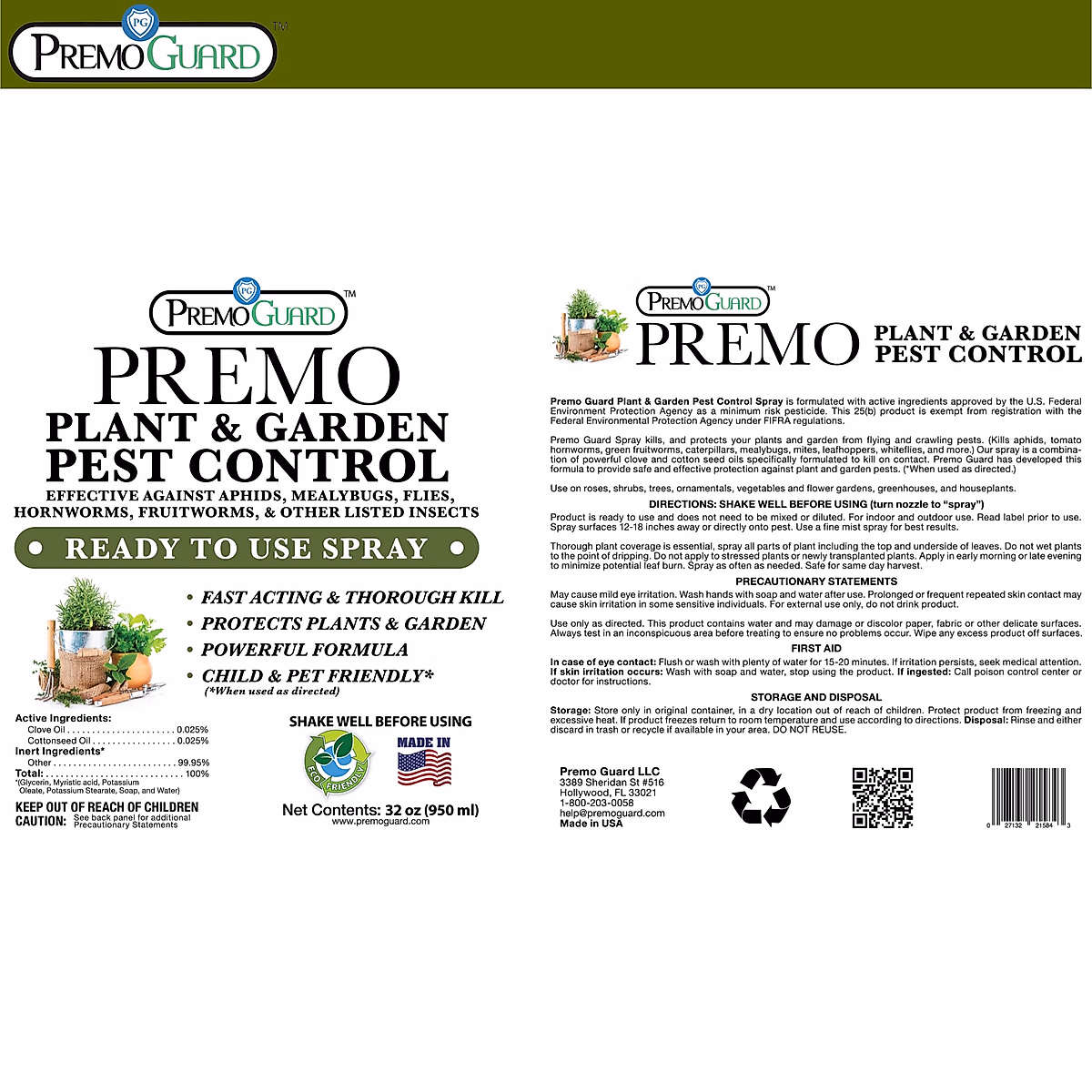 Plant & Garden Pest Control by Premo Guard - 32 oz - Insect & Disease Control for Organic Gardening - Effective Natural Plant Based Formula for Inside & Outside Plants