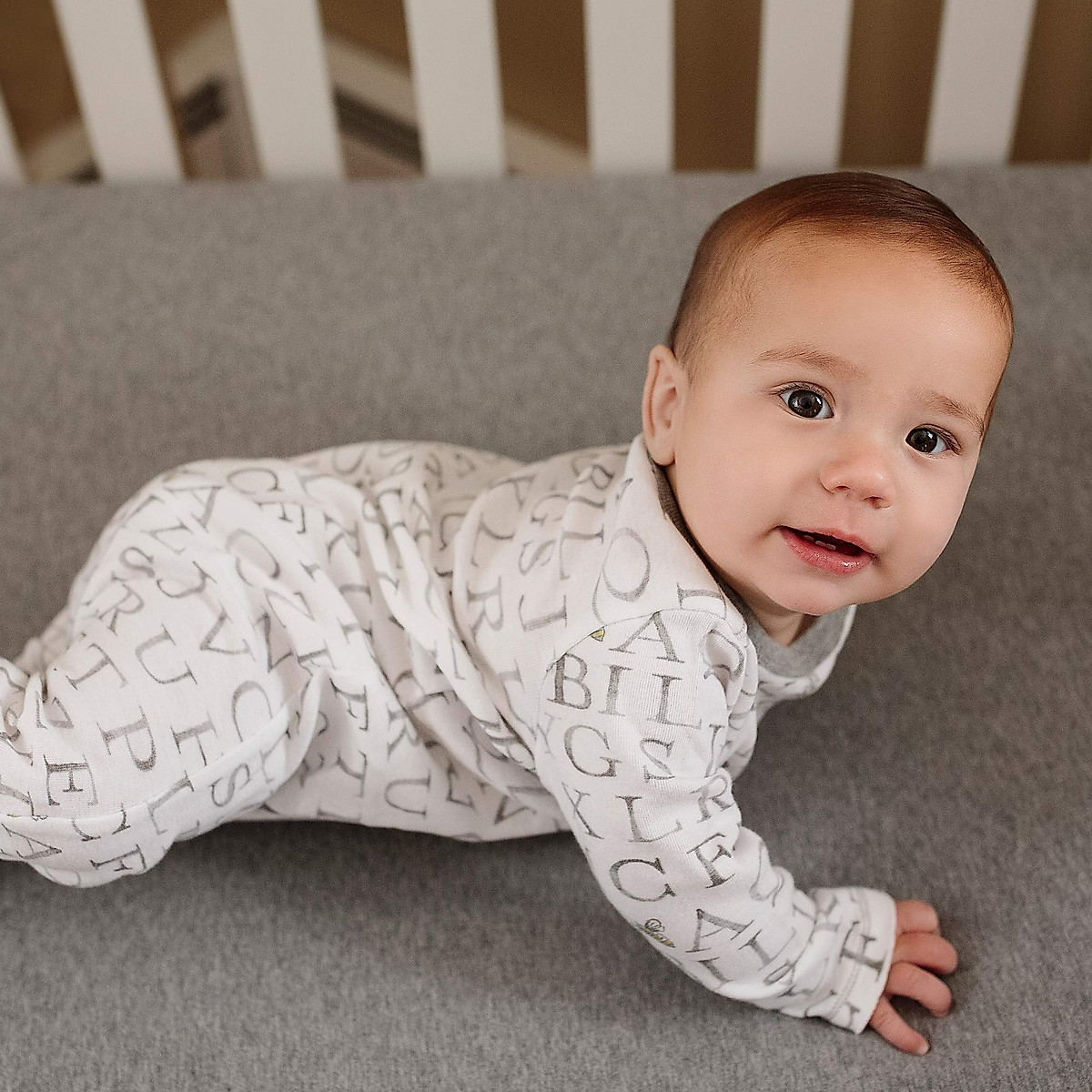 Burt's Bees Baby Baby Boy's Romper Jumpsuit, 100% Organic Cotton One-Piece Short Shortall, Long Sleeve Coverall, Grey Letter Bee, 3 Months