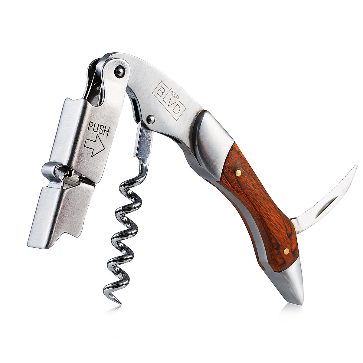Waiter's Corkscrew with Vegan Leather Sheath by M&R Blvd. - Professional Grade, Deluxe Wine Key - Patented Spring Lever Easy Opening - Foil Cutter, Beer Bottle Opener - Wine Gift Set - Rosewood