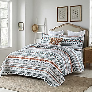 PANGUSHAN Queen Size Quilt Set, 100% Cotton, Reversible Striped Geometric Quilt, Lightweight Comforter, Bohemian Bed Spread, White/Orange/Green