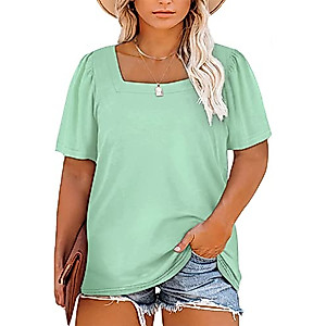 Eytino Womens Plus Size Shirts Square Neck Puff Sleeve Loose Fit Blouse Tops,4X Light Green
