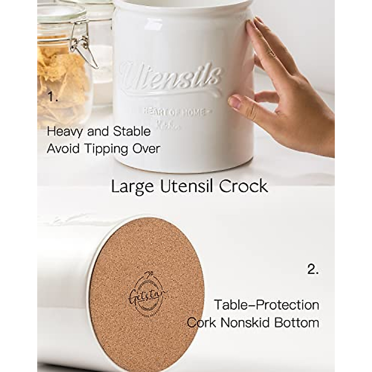 Getstar Utensil Holder for Kitchen Counter (7.2” x 6.2”) , Large Kitchen Utensil Holder with Protective & Non-Slip Cork Mat, Ceramic Cooking Utensil Holder (White)