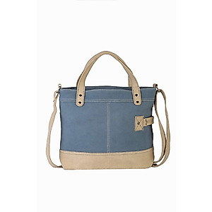 Mona B Canvas Handbag for Women | Zipper Bag | Crossbody Bag | Stylish Vintage Recycled Upcyled Bags Women (Brown-Jules Dusty Blue)