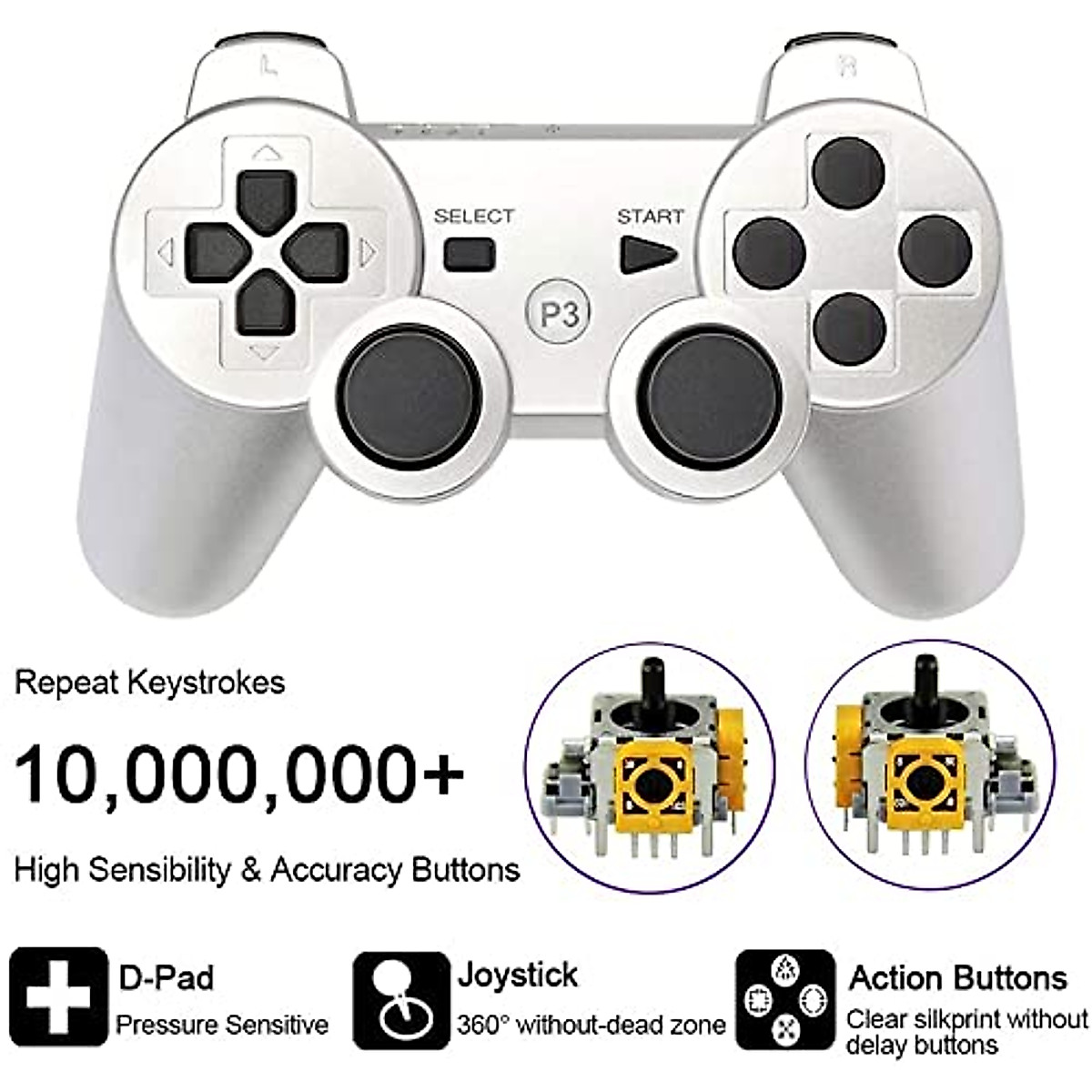 Rzzhgzq 2 Pack PS3 Wireless Controller Playstation 3 Controller Wireless Bluetooth Gamepad with USB Charger Cable for PS3 Console (SILVER+RED)