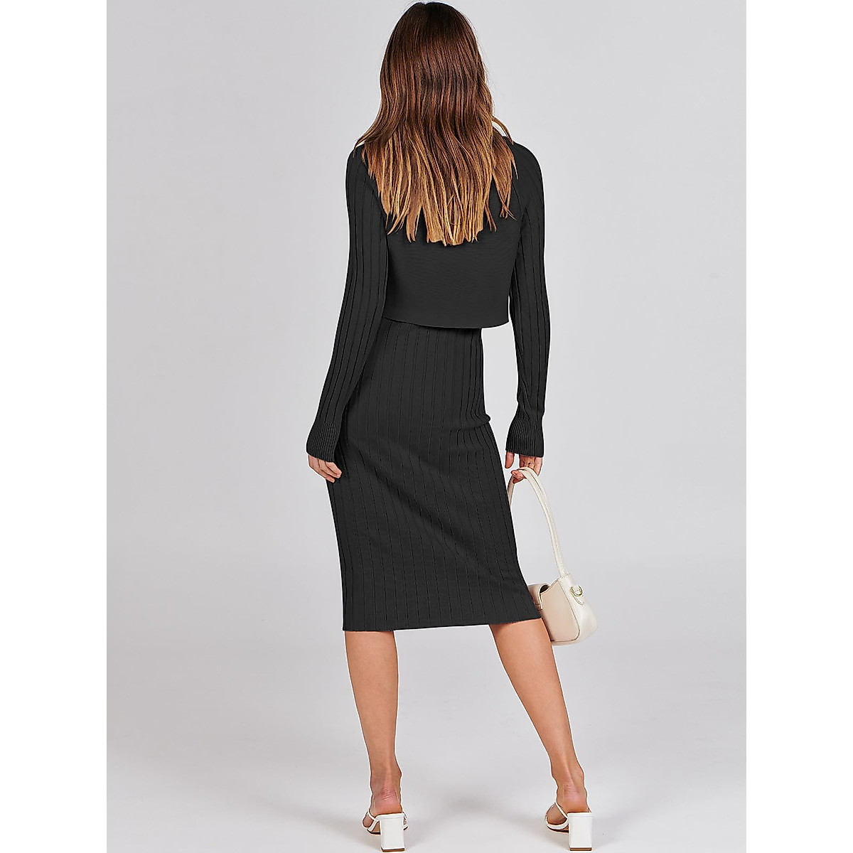 ANRABESS Womens 2 Piece Outfits Sweater Dresses Set Midi Skirt Sets Long Sleeve Crop Top Bodycon Ribbed Knit Dress 2024 Fall Black Large