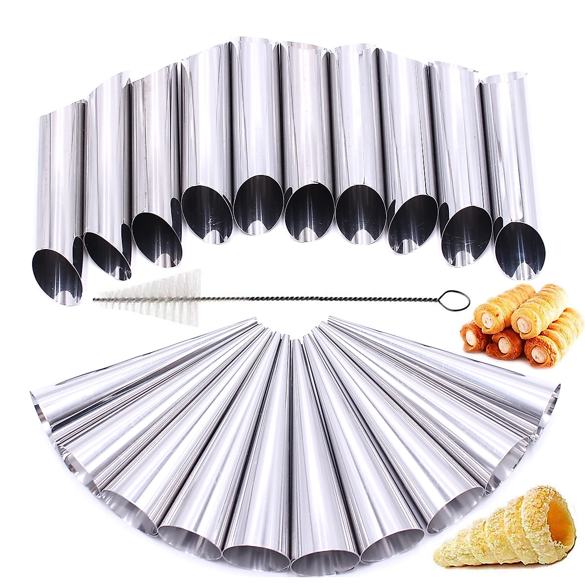 Cream Horn Molds, 21 pcs Moulds Stainless Steel Cannoli Form Tubes Cream Roll Mold Screw Croissant Mold Cone Tubular Shaped Mold for Cannoli Tubes Croissant Baking Forms Mould with Cleaning Brush