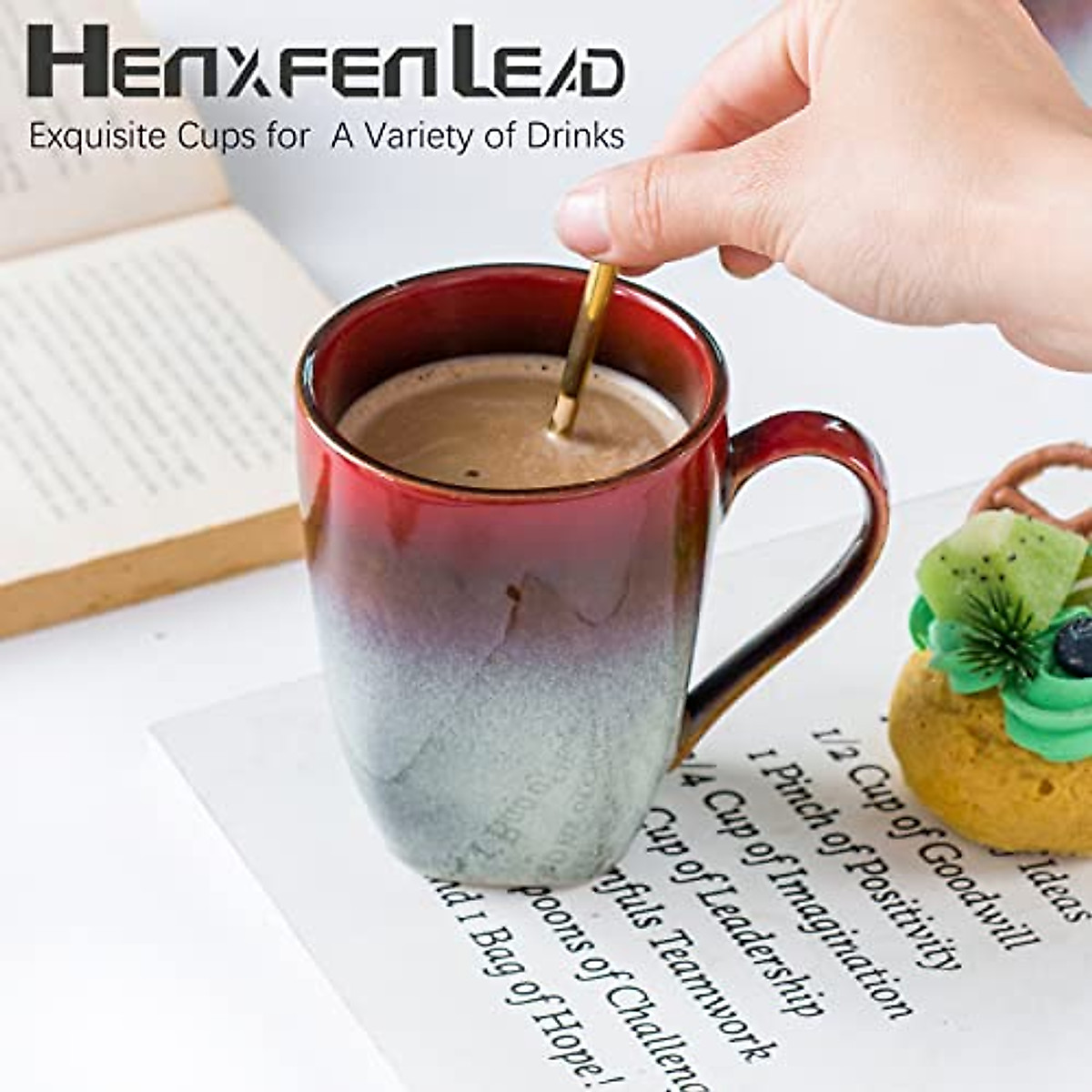 HENXFEN LEAD Coffee Mugs Set of 4 - Ceramic Cups 10 Oz with Large Handle for Coffee, Soup, Tea, Milk, Latte and Cocoa, Mug Gift Set Microwave & Oven, Dishwasher Safe - Red