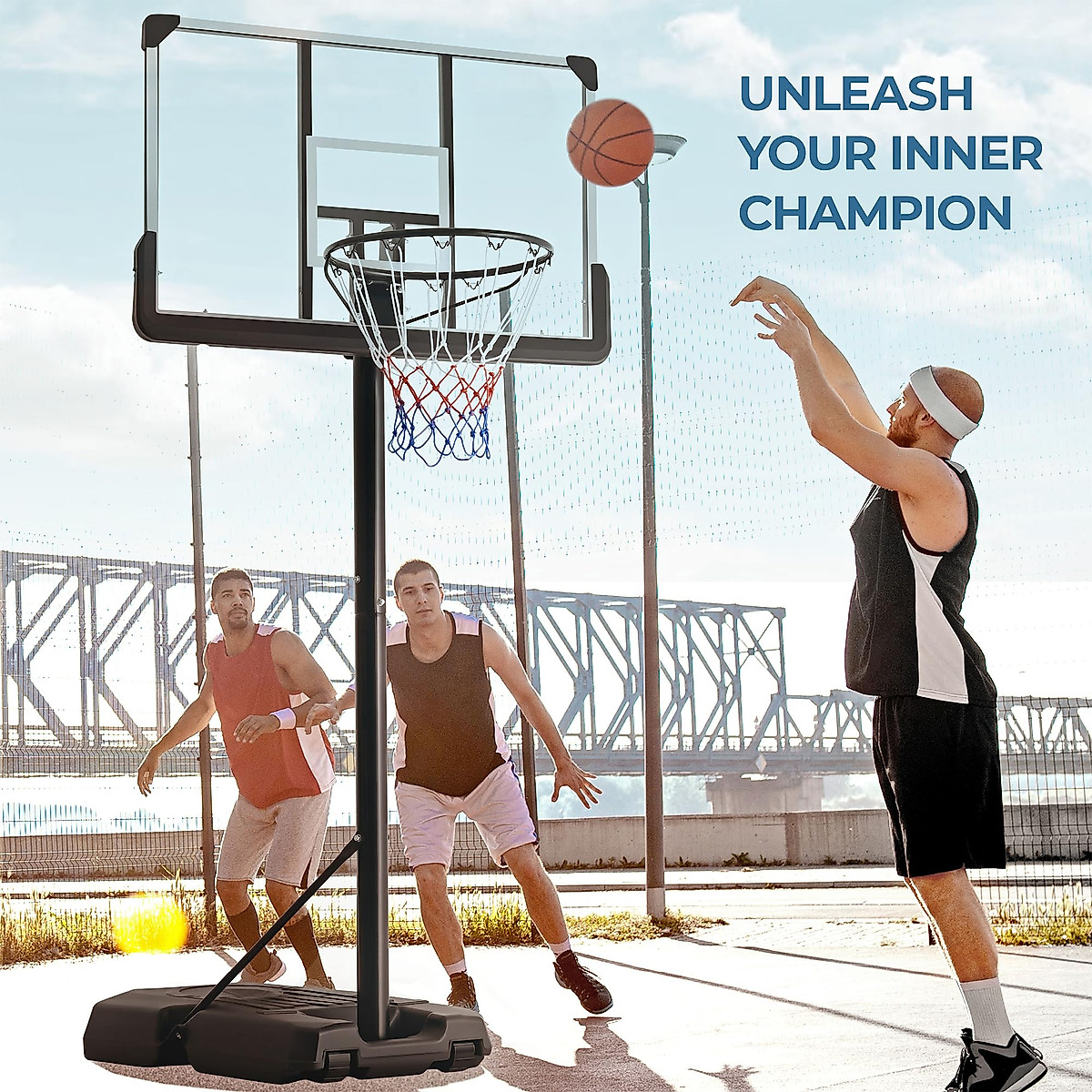 Portable Basketball Hoop 10 ft Adjustable - 44in Shatterproof Backboard - Basketball Goal System 8-10 ft Adjustable Basketball Hoop for Kids/Adults Indoor Outdoor Weatherproof Fillable Base