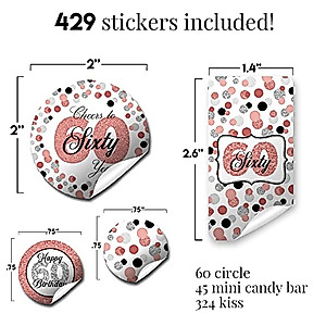 Confetti Rose Gold Polka Dot 60th Birthday Party Sticker Bundle Kit - 429 pieces!!! Includes 60 2" Circle Stickers for Favors & Goodie Bags, 45 Mini Candy Bar Wrappers & 324 Round Candy Kiss Stickers