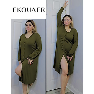 Ekouaer Women's Nightgown V Neck Button Down Sleepwear Long Sleeves Nightshirts Soft Button Sleep Dress Army Green