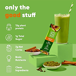 IQBAR Brain and Body Plant Protein Bars - Matcha Chai - 12-Count Low Carb - Gluten Free, High Fiber, Vegan Snacks - Low Sugar Meal Replacement