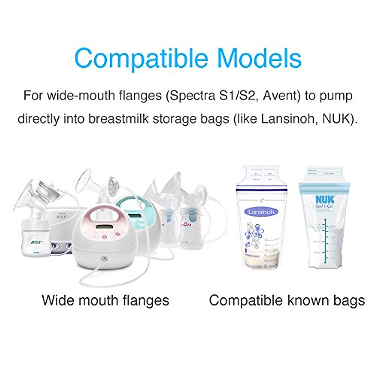 Papablic Breastmilk Storage Bag Adapters for Spectra S1 S2, Avent Comfort Wide Mouth Flanges to Pump into Lansinoh, NUK breastmilk Storage Bag