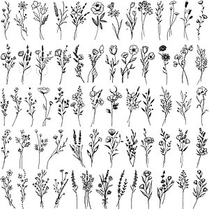 15 Sheets FANRUI Tiny Branch Black Flower Temporary Tattoos For Women Girl Floral Bouquet Small Tattoo Temporary Wild Plant Lavender Sweet Pea Larkspur Fake Tatoo Adults Face Hands Kids Kit Sticker